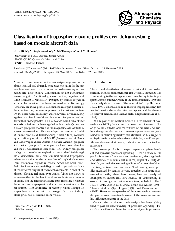 (PDF) Classification of tropospheric ozone profiles over Johannesburg based on mozaic aircraft data