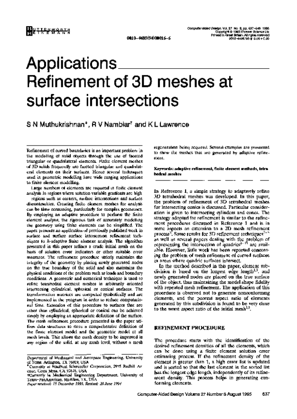 (PDF) Refinement of 3D meshes at surface intersections
