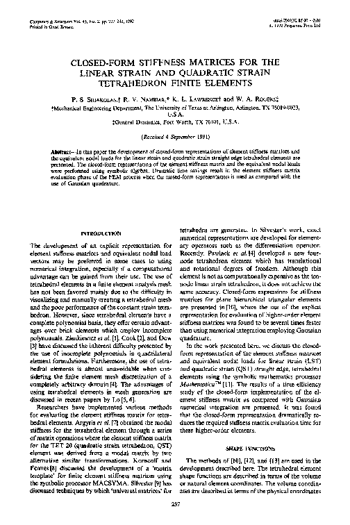 (PDF) Closed-form stiffness matrices for the linear strain and quadratic strain tetrahedron ...