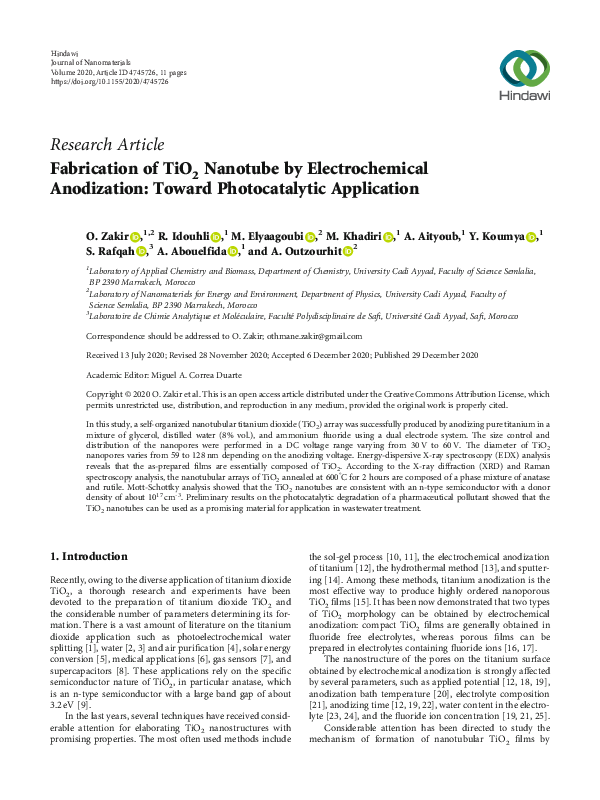(PDF) Fabrication of TiO2 Nanotube by Electrochemical Anodization: Toward Photocatalytic Application