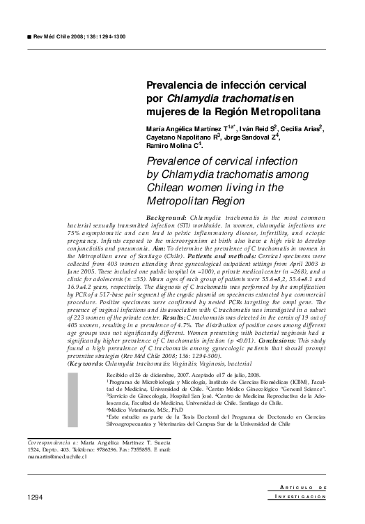 (PDF) Prevalencia de infección cervical por Chlamydia trachomatis en ...