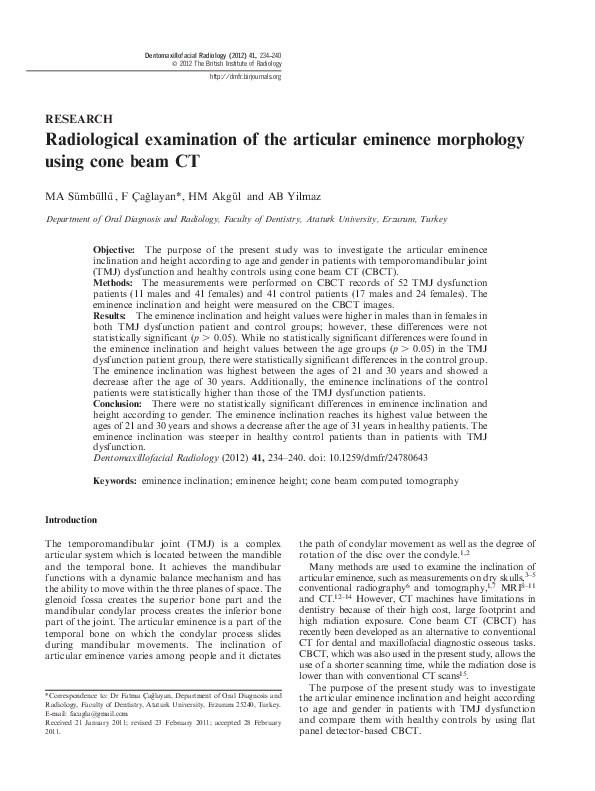 (PDF) Radiological examination of the articular eminence morphology using cone beam CT