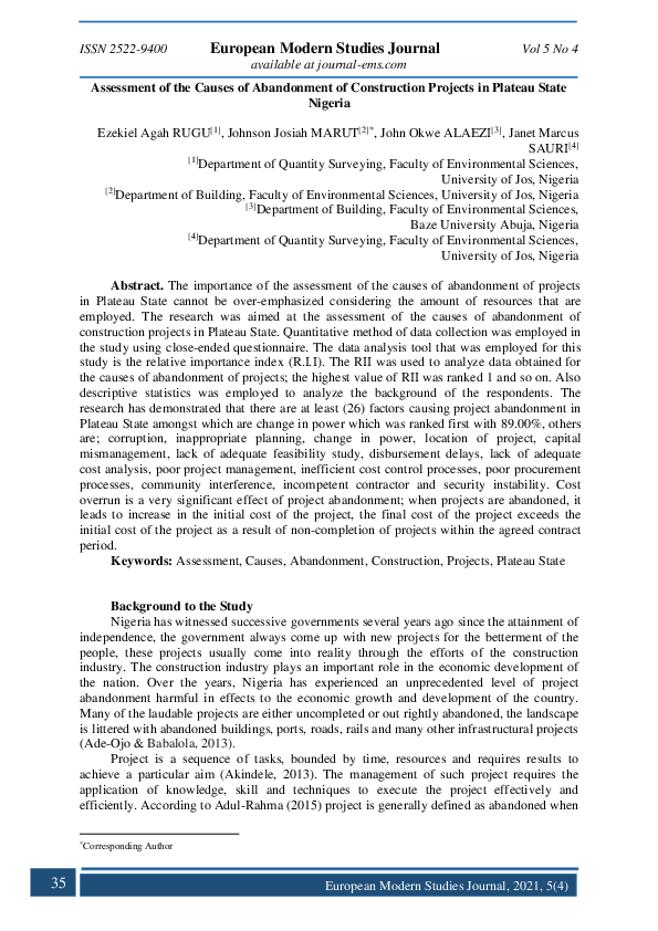 (PDF) Assessment of the Causes of Abandonment of Construction Projects ...