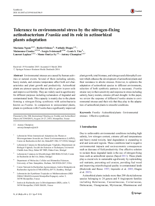 (PDF) Tolerance to environmental stress by the nitrogen-fixing actinobacterium Frankia and its ...
