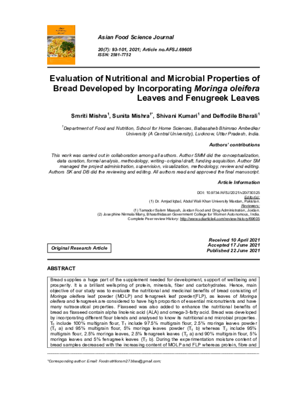 (PDF) Evaluation of Nutritional and Microbial Properties of Bread Developed by Incorporating ...