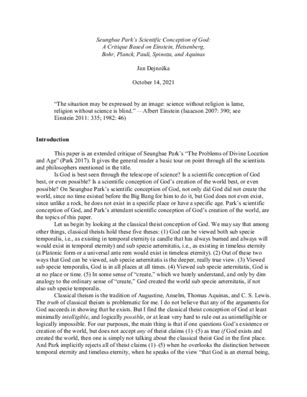 (PDF) Seungbae Park's Scientific Conception of God: A Critique Based on ...