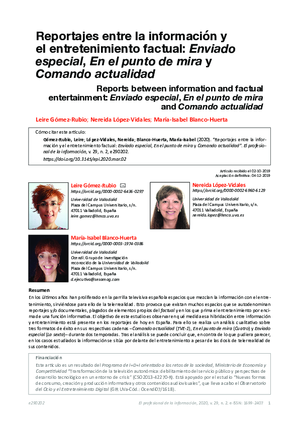 (PDF) Reportajes entre la información y el entretenimiento factual: Enviado especial, En el ...