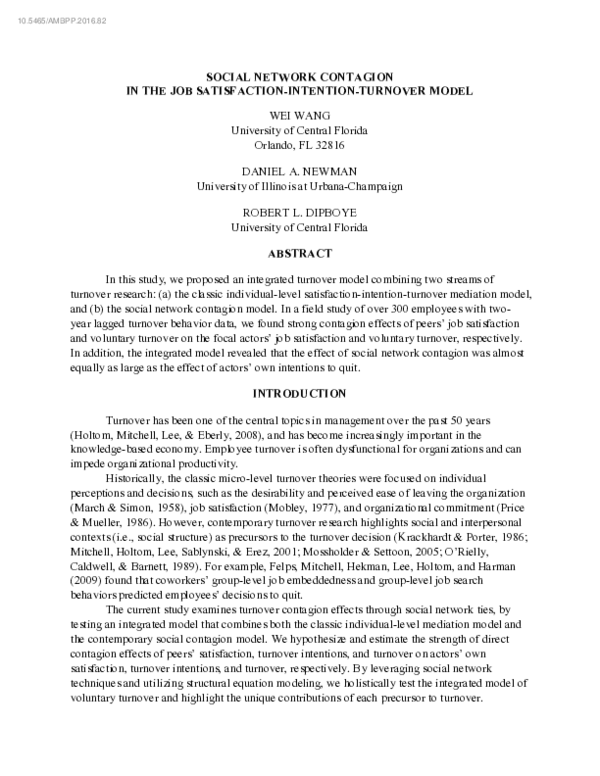 (PDF) Social Network Contagion in The Job Satisfaction-Intention ...