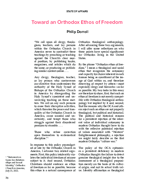 (PDF) Toward an Orthodox Ethos of Freedom