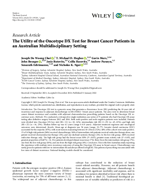 (PDF) The Utility of the Oncotype DX Test for Breast Cancer Patients in ...