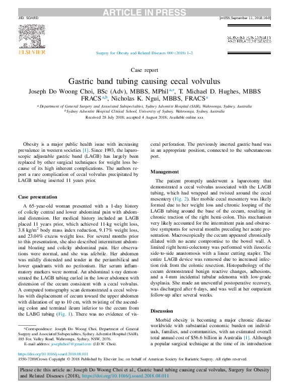 (PDF) Cecal Volvulus from Gastric Band Tubing