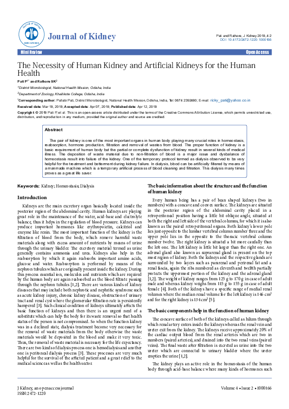 (PDF) The Necessity of Human Kidney and Artificial Kidneys for the Human Health