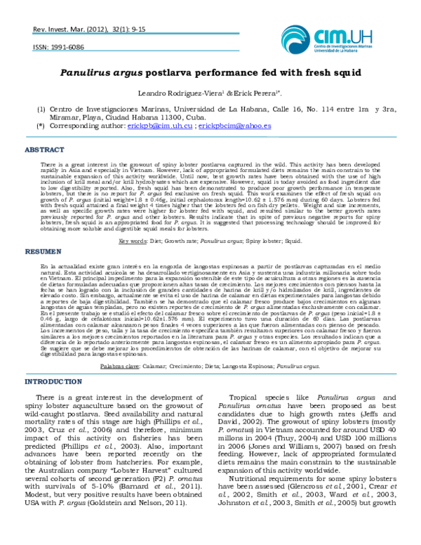 (PDF) Desarrollo de postlarvas de Panulirus argus alimentadas con ...