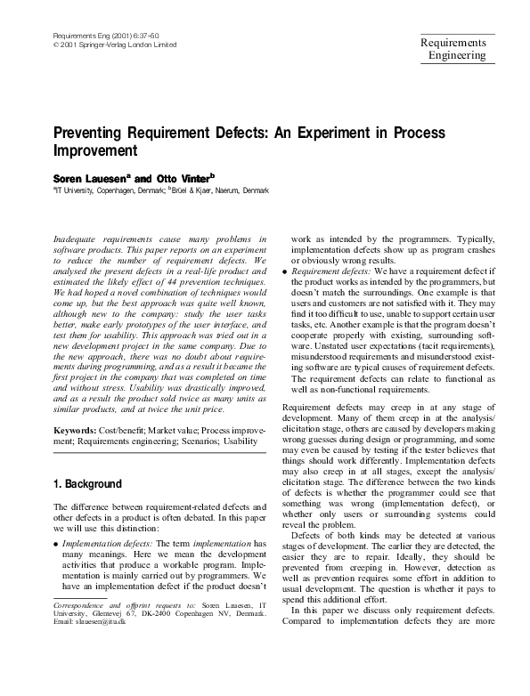 (PDF) Preventing Requirement Defects: An Experiment in Process Improvement