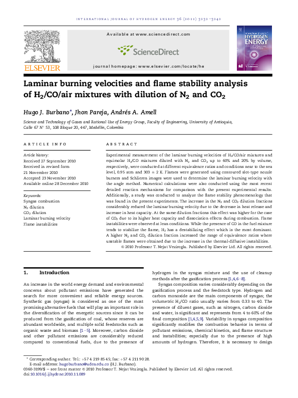 (PDF) Laminar burning velocities and flame stability analysis of hydrogen/air premixed flames at ...