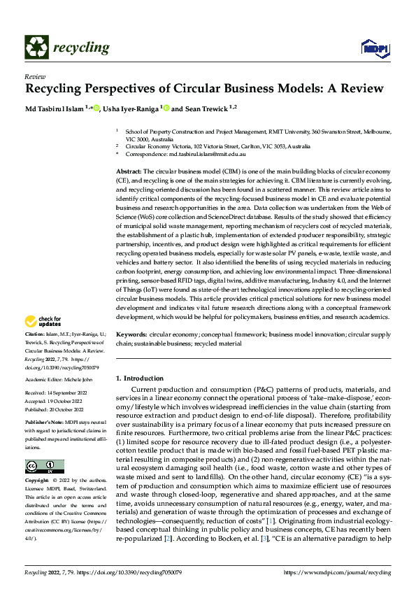 (PDF) Recycling Perspectives of Circular Business Models: A Review