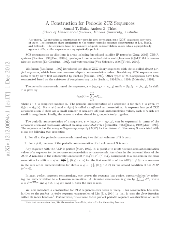 (PDF) A Construction for Periodic ZCZ Sequences
