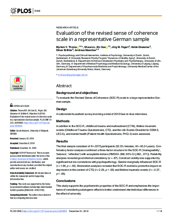 (PDF) Evaluation of the revised sense of coherence scale in a ...