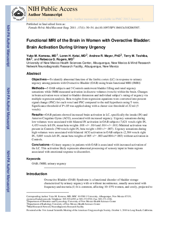 (PDF) Functional Magnetic Resonance Imaging of the Brain in Women With ...