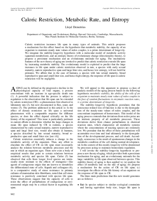 (PDF) Caloric Restriction, Metabolic Rate, and Entropy