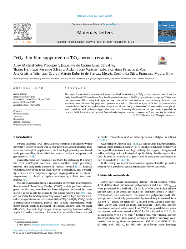 (PDF) CeO2 thin film supported on TiO2 porous ceramics