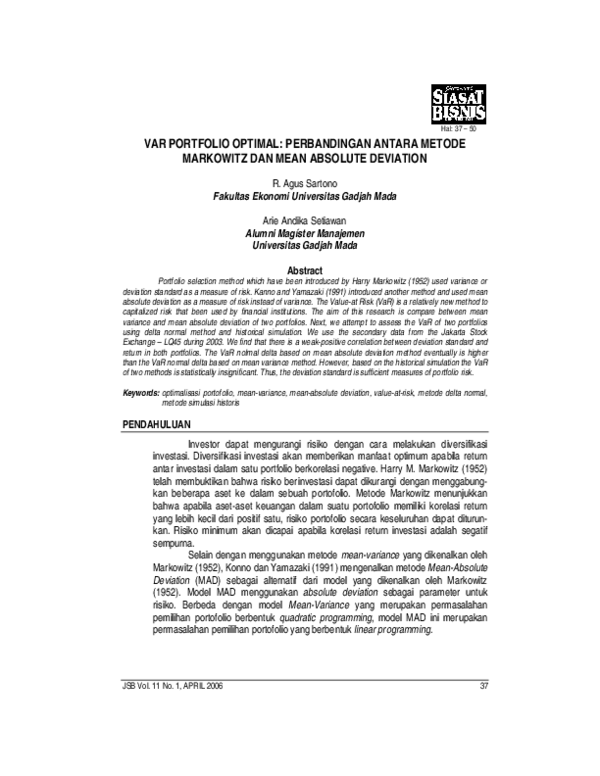 (PDF) VAR Portfolio Optimal: Perbandingan Antara Metode Markowitz dan ...