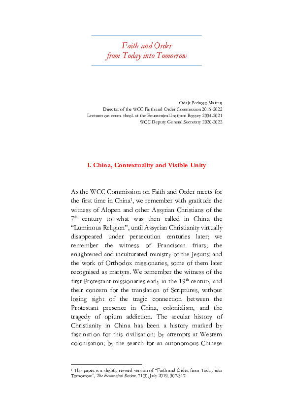 (PDF) Faith and Order from Today into Tomorrow