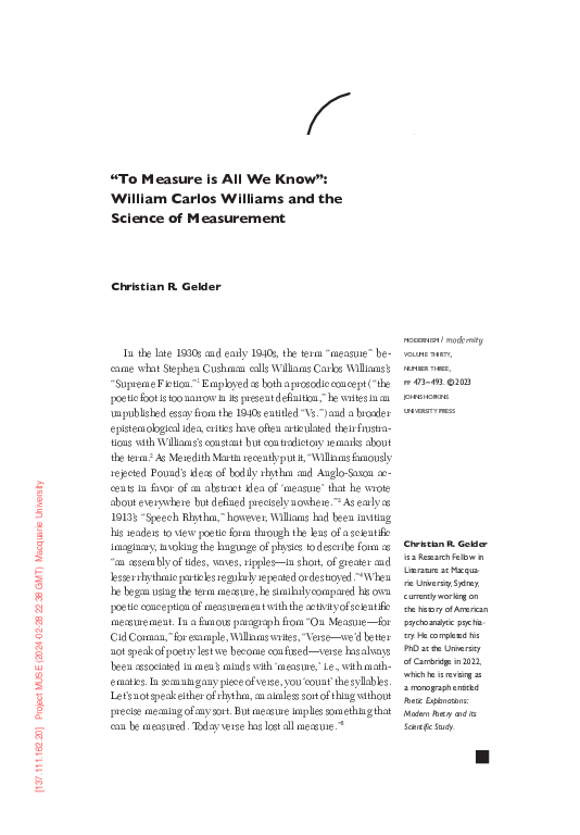 (PDF) "To Measure is All We Know": William Carlos Williams and the ...