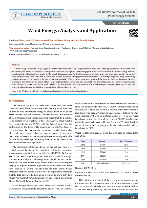 (PDF) Wind Energy: Analysis and Application
