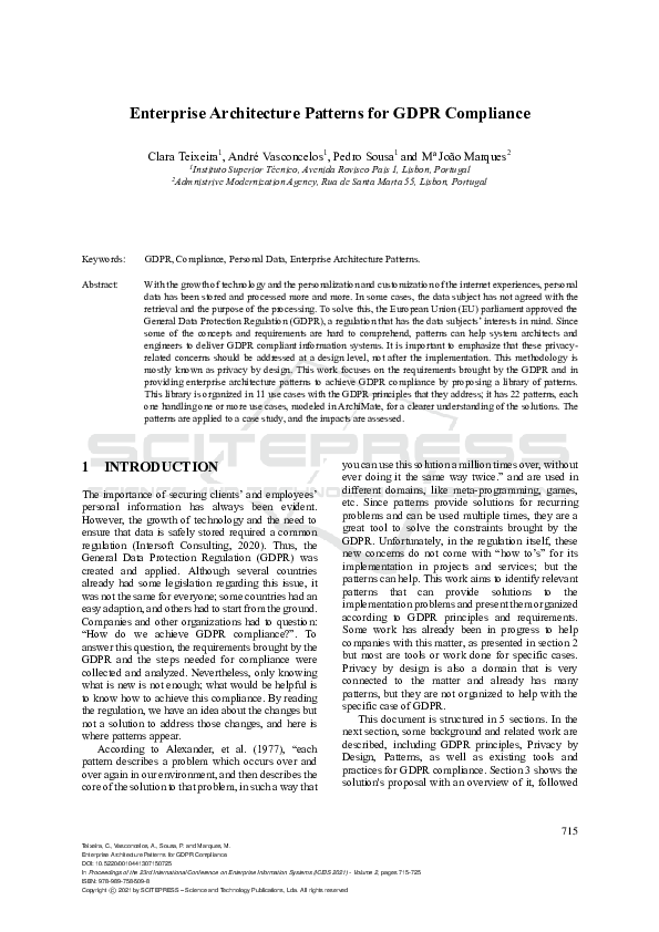 (PDF) Enterprise Architecture Patterns for GDPR Compliance