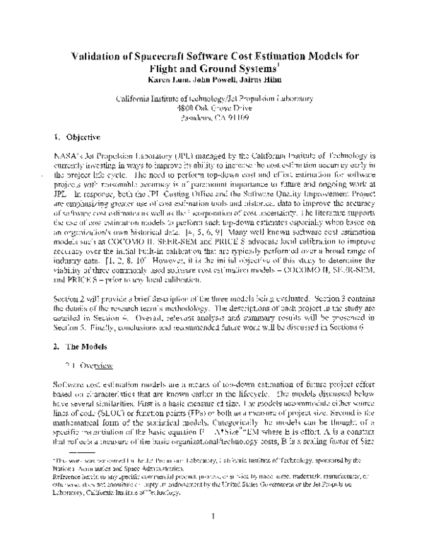 (PDF) Validation of spacecraft software cost estimation models for flight and ground systems