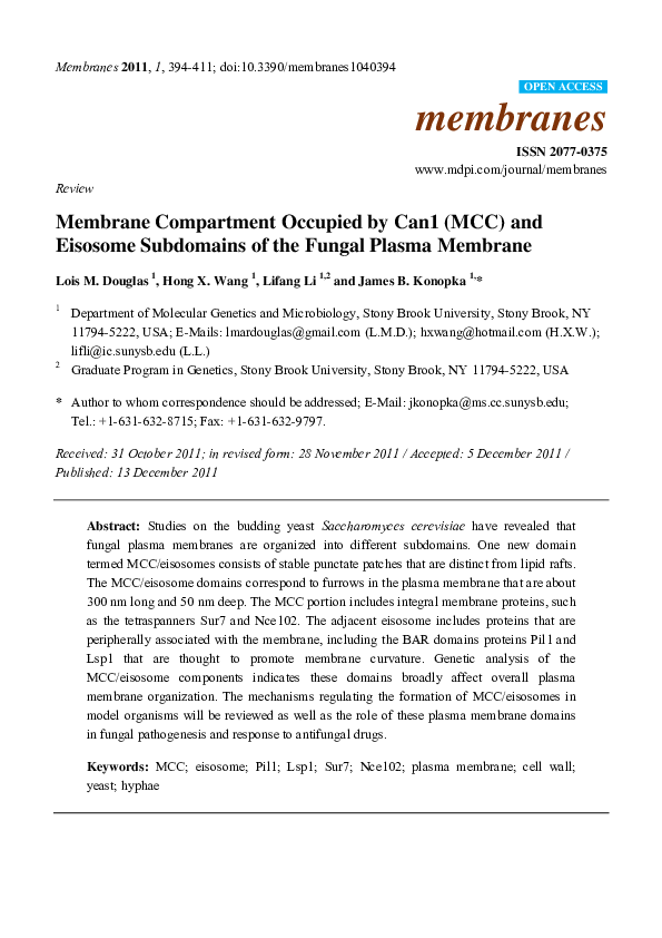 (PDF) Membrane Compartment Occupied by Can1 (MCC) and Eisosome ...