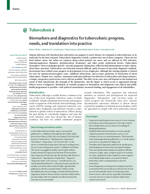 (PDF) Biomarkers and diagnostics for tuberculosis: progress, needs, and ...