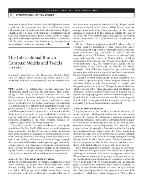 (PDF) The International Branch Campus: Models and Trends