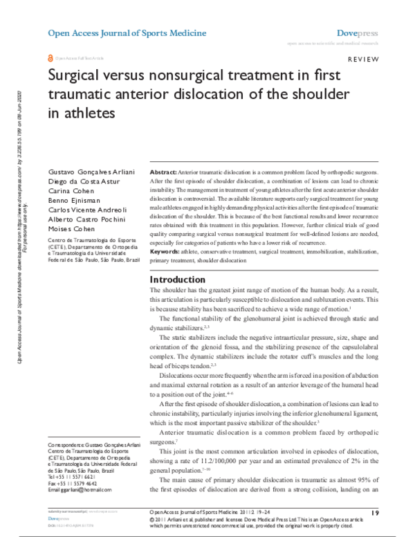 (PDF) Surgical versus nonsurgical treatment in first traumatic anterior dislocation of the ...