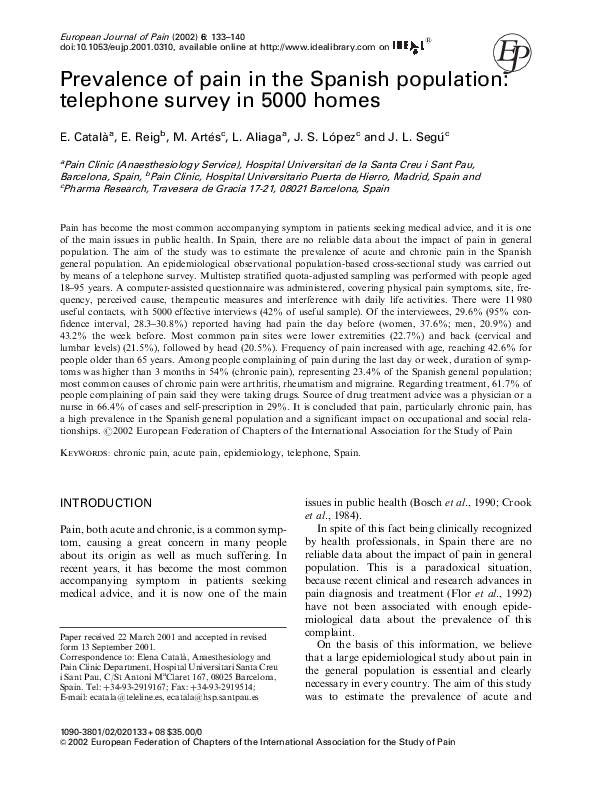 (PDF) Prevalence of pain in the Spanish population telephone survey in ...