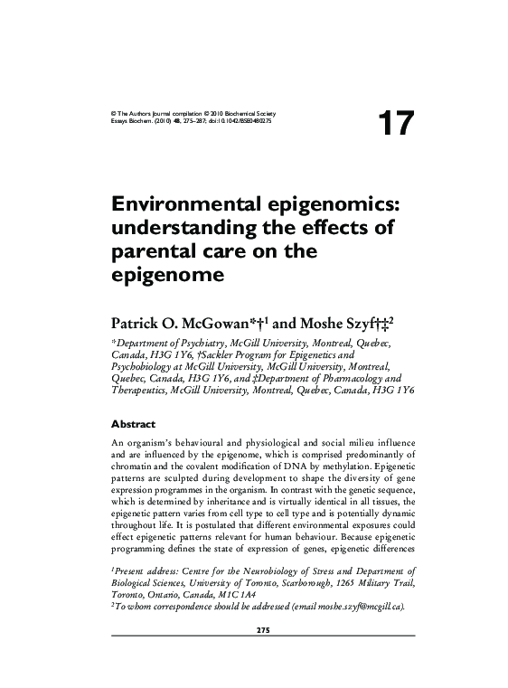 (PDF) Environmental epigenomics: understanding the effects of parental ...