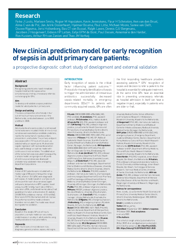 (PDF) New clinical prediction model for early recognition of sepsis in adult primary care ...