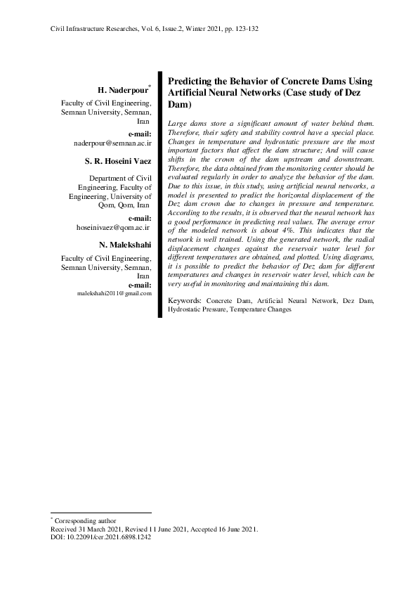 (PDF) Predicting the Behavior of Concrete Dams Using Artificial Neural Networks (Case study of ...