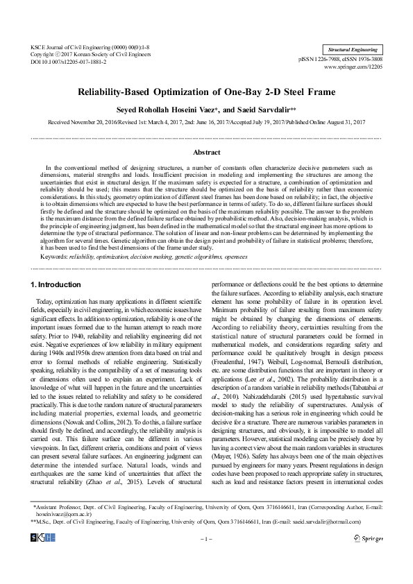 (PDF) Reliability-Based Optimization of One-Bay 2-D Steel Frame