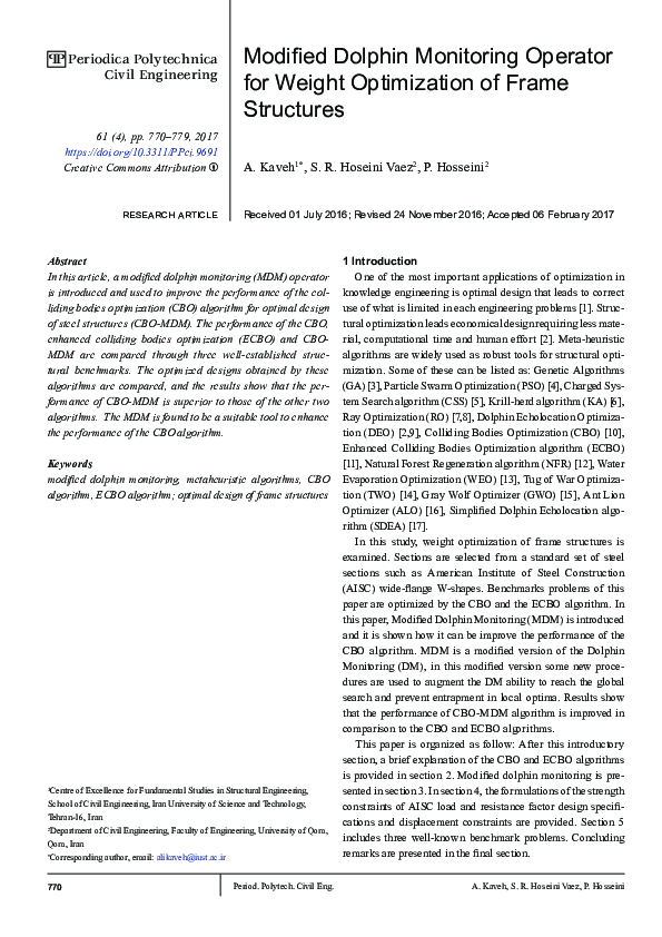 (PDF) Modified Dolphin Monitoring Operator for Weight Optimization of Frame Structures