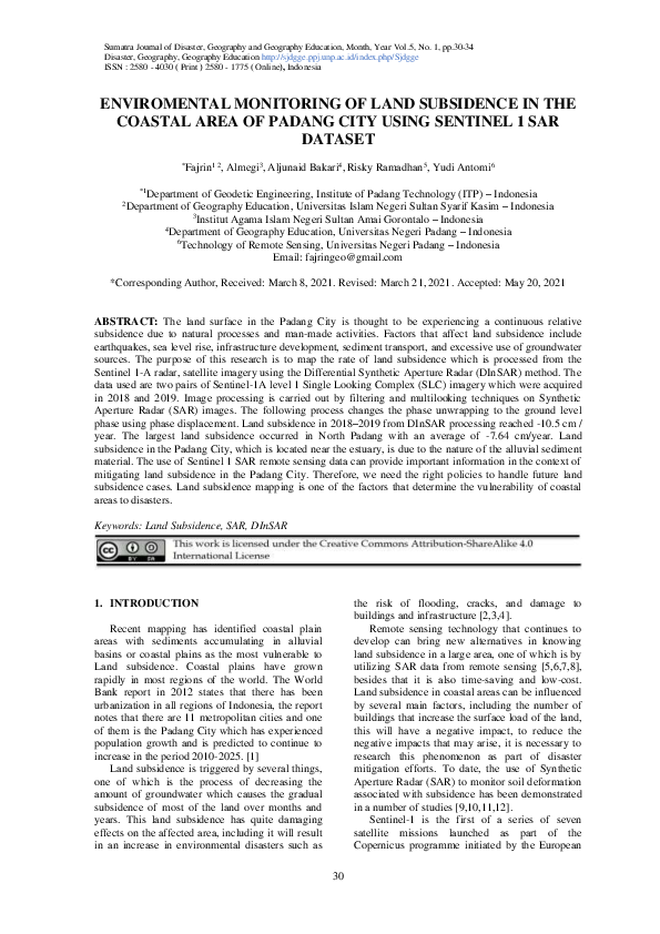 (PDF) Enviromental Monitoring of Land Subsidence in The Coastal Area of Padang City Using ...