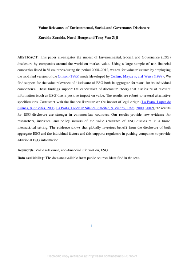 (PDF) Value Relevance of Environmental, Social and Governance Disclosure