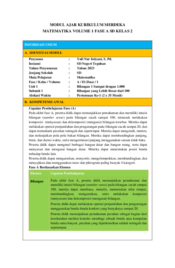 (PDF) MODUL AJAR KURIKULUM MERDEKA MATEMATIKA VOLUME 1 FASE A SD KELAS 2