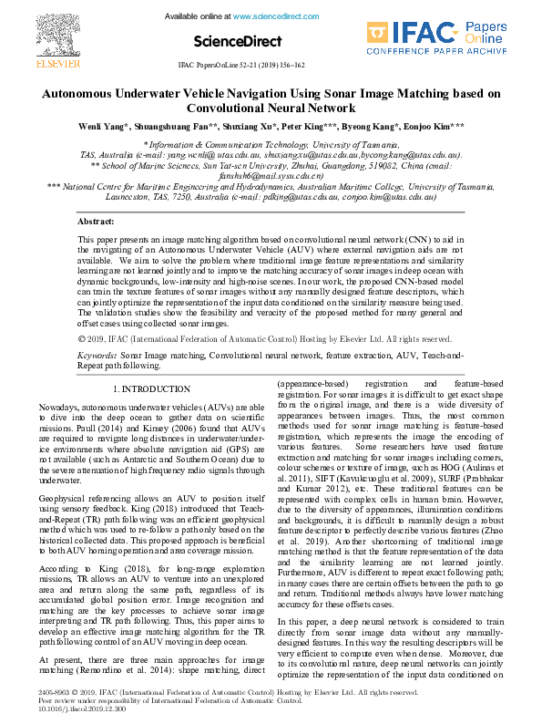 Pdf Autonomous Underwater Vehicle Navigation Using Sonar Image Matching Based On Convolutional