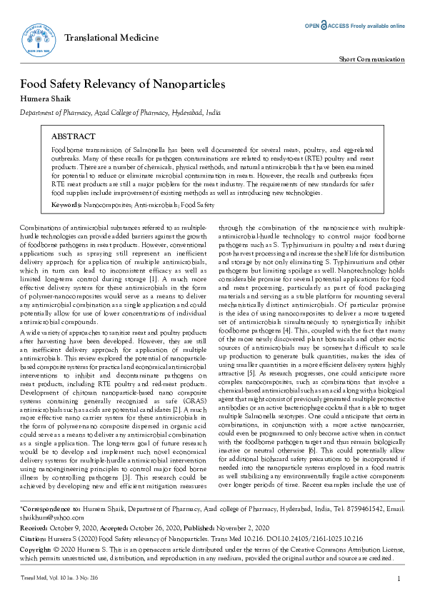 (PDF) Food Safety Relevancy of Nanoparticles
