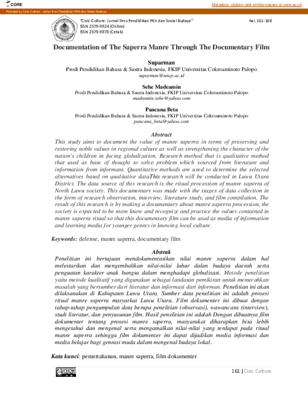 (PDF) Documentation of The Saperra Manre Through The Documentary Film