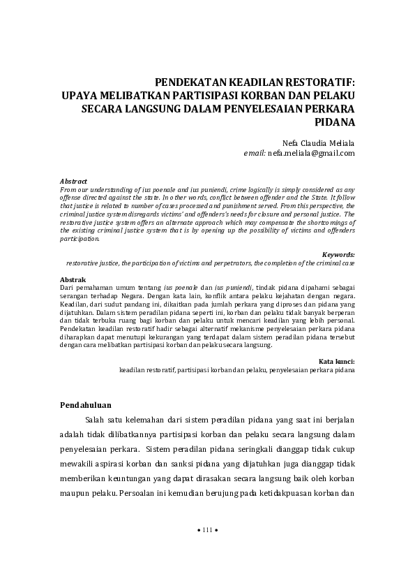 (PDF) Pendekatan Keadilan Restoratif: Upaya Melibatkan Partisipasi Korban Dan Pelaku Secara ...