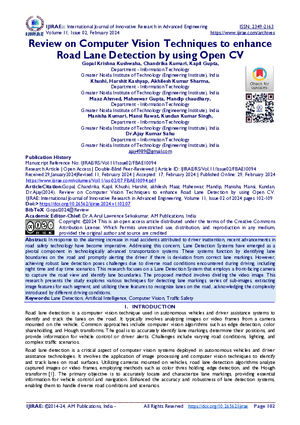 (PDF) Review on Computer Vision Techniques to enhance Road Lane ...