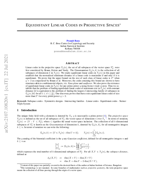 Pdf Equidistant Linear Codes In Projective Spaces 